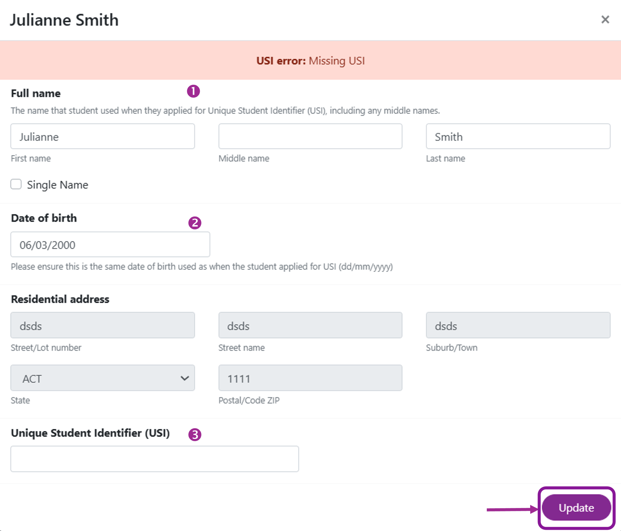 How to update Student's USI number on Portal?